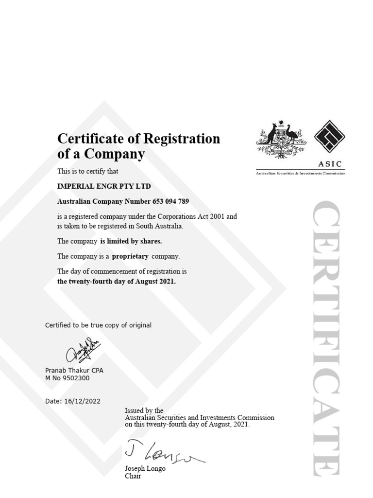 Imperial Engr Pty LTD ASIC Certificate | PDF
