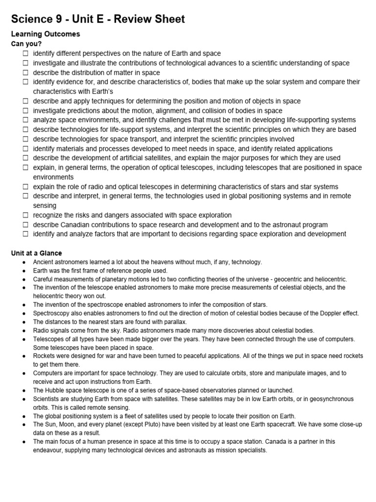 Science 9 Unit E: Space Exploration Review | PDF | Planets | Atmosphere