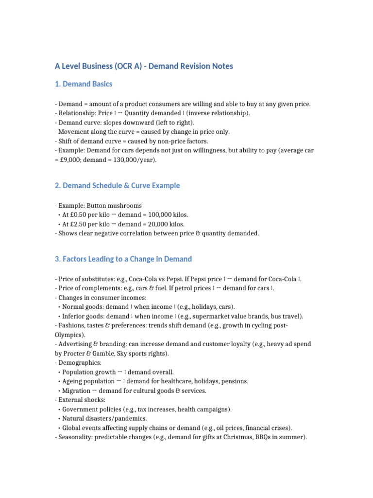 A Level Business Demand Revision Notes | PDF