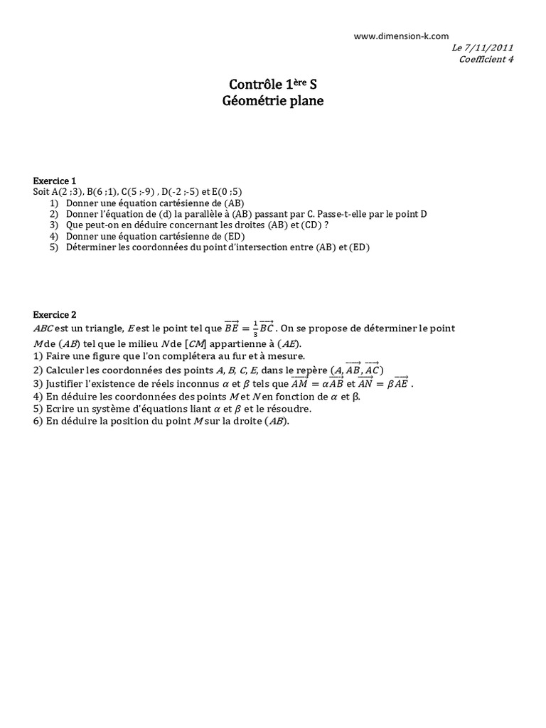1S Geometrie Plane Controle Correction | PDF | Coordonnées cartésiennes ...