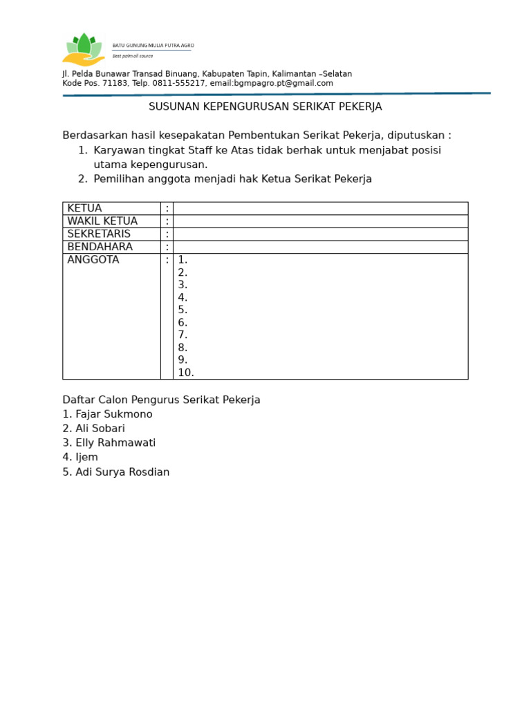 Struktur Pengurus Serikat Pekerja | PDF