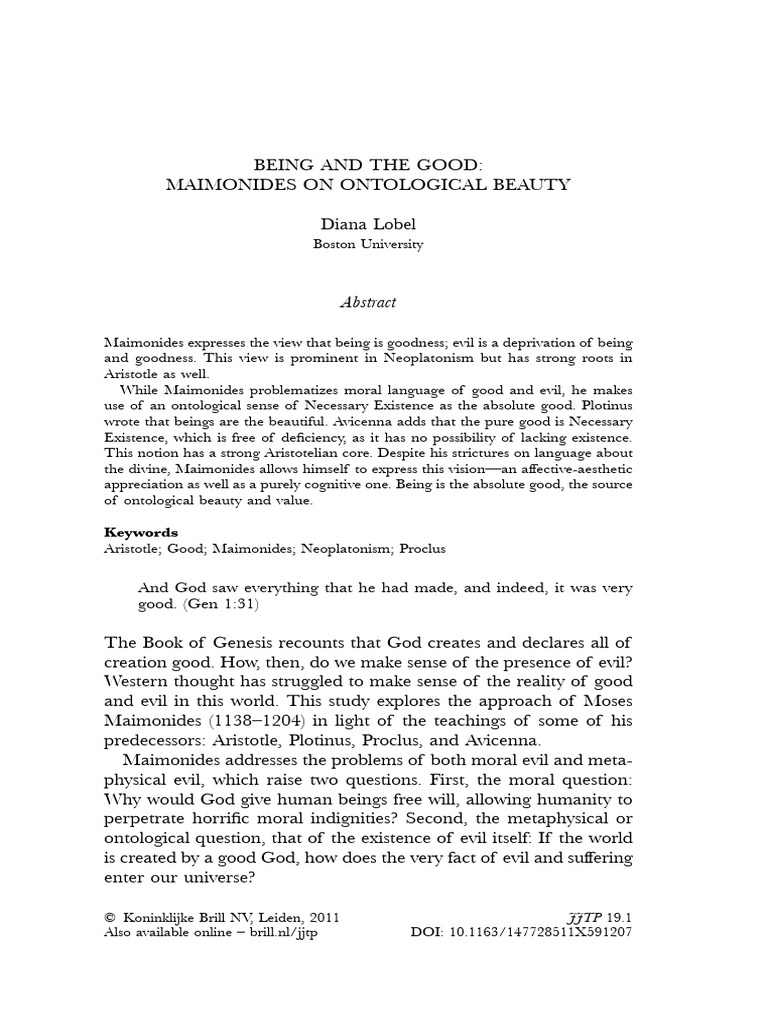 Diana Lobel - Being and the Good_ Maimonides on Ontological Beauty ...