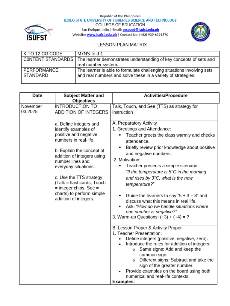 Lesson Plan Matrix October | PDF | Numbers | Multiple Choice