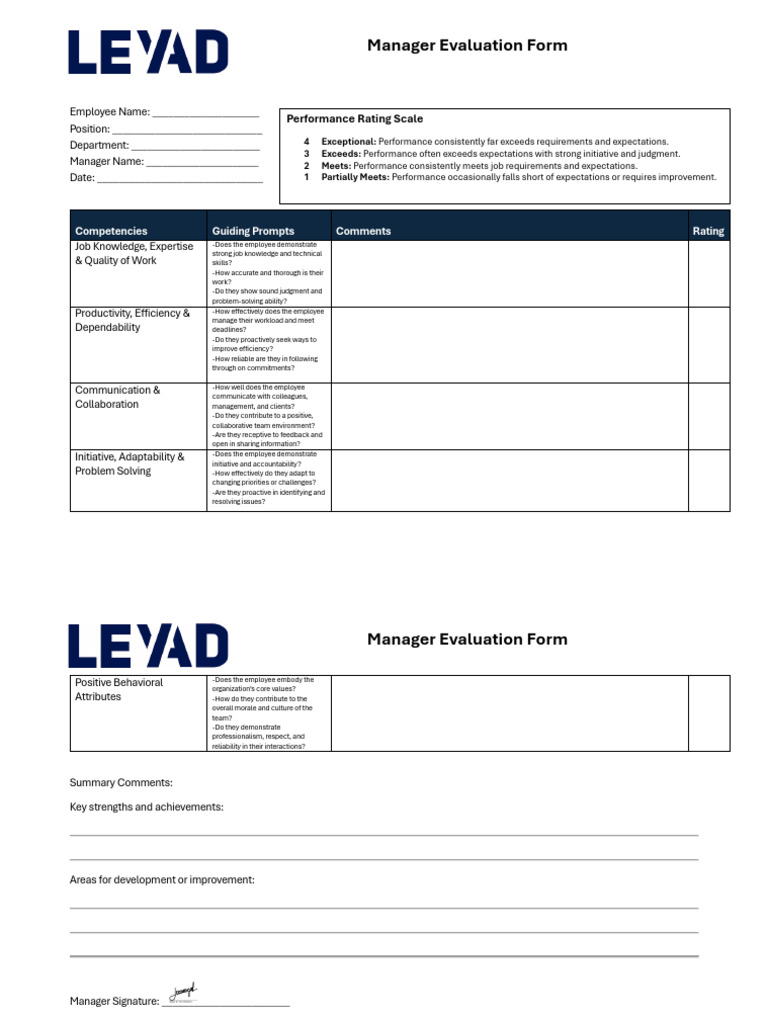 Manager Evaluation Form Template | PDF | Knowledge | Behavioural Sciences