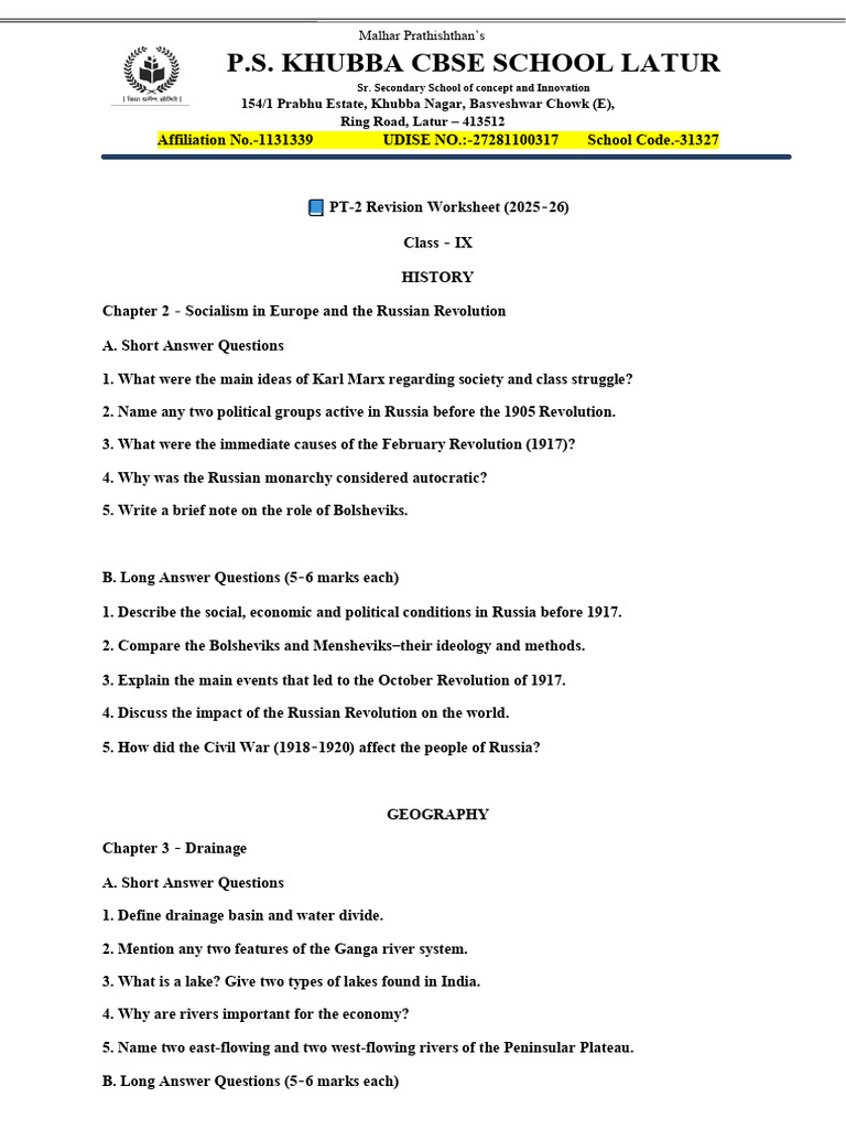 IX - PT 2 - SST Revision Worksheet | PDF | Russian Revolution ...