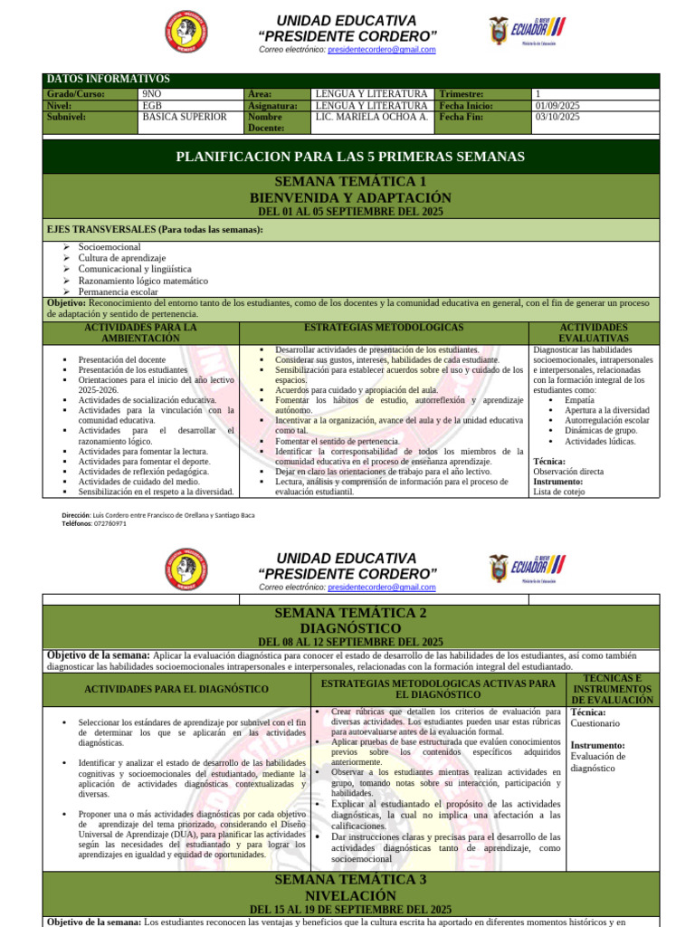 9NO LYL PLANIFICACION 5 SEMANAS 2025-2026 | PDF | Evaluación | Aprendizaje