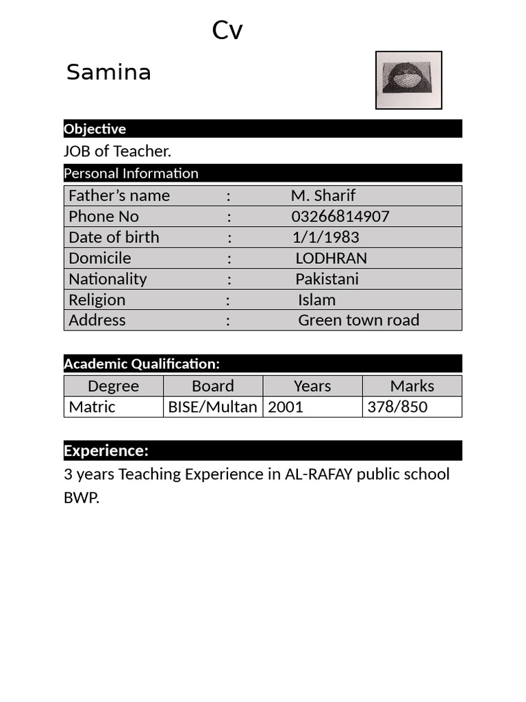 Teacher CV for Samina | PDF