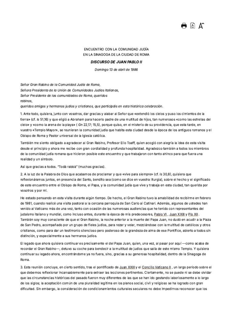 Discurso de Juan Pablo II en la Sinagoga | PDF | Papa | Iglesia cristiana