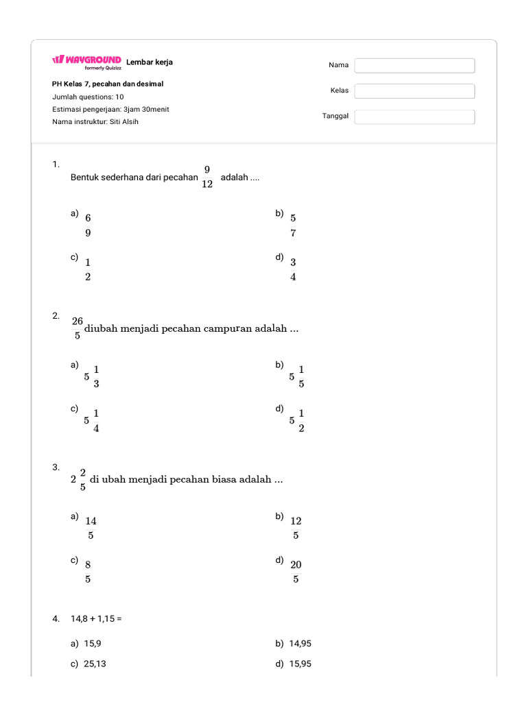 PH Kelas 7, pecahan dan desimal _ Wayground | PDF