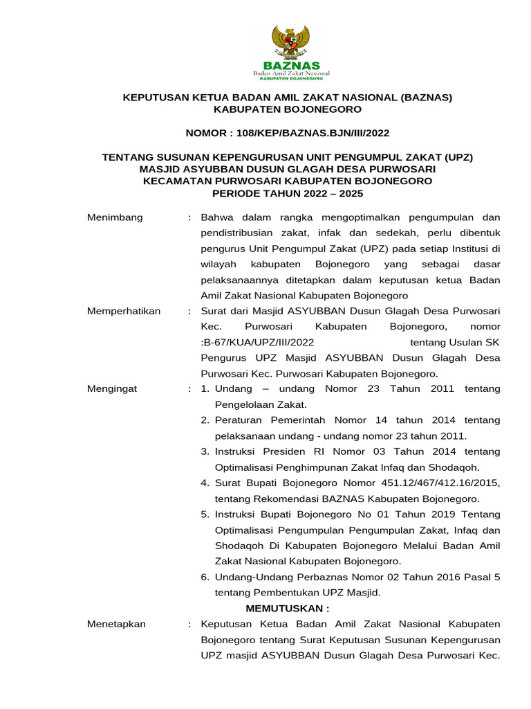 SK Pengurus Upz Masjid Asyubban Glagah Purwosari | PDF