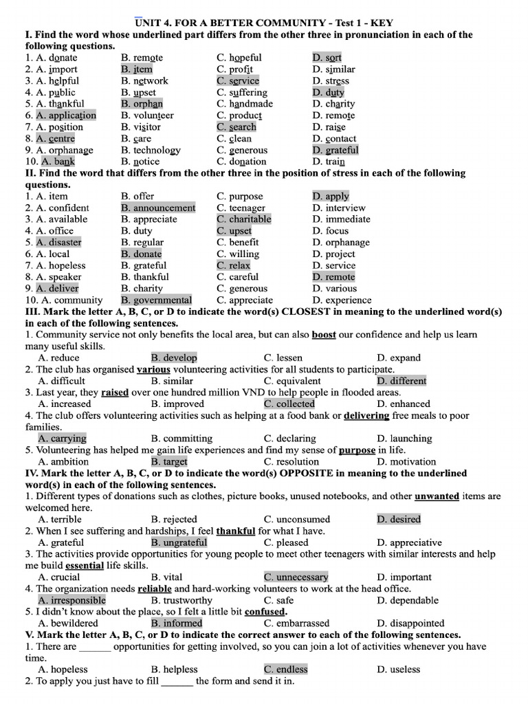 Grade 10 - UNIT 4 - Test 1 (KEY) | PDF