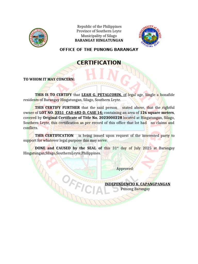 Certification of Lot Ownership | PDF
