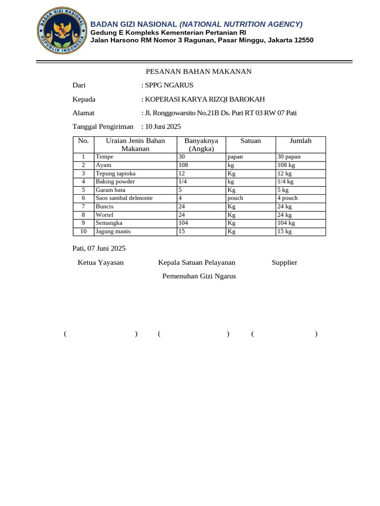 Form Pemesanan Bahan Makanan Koperasi-1 | PDF