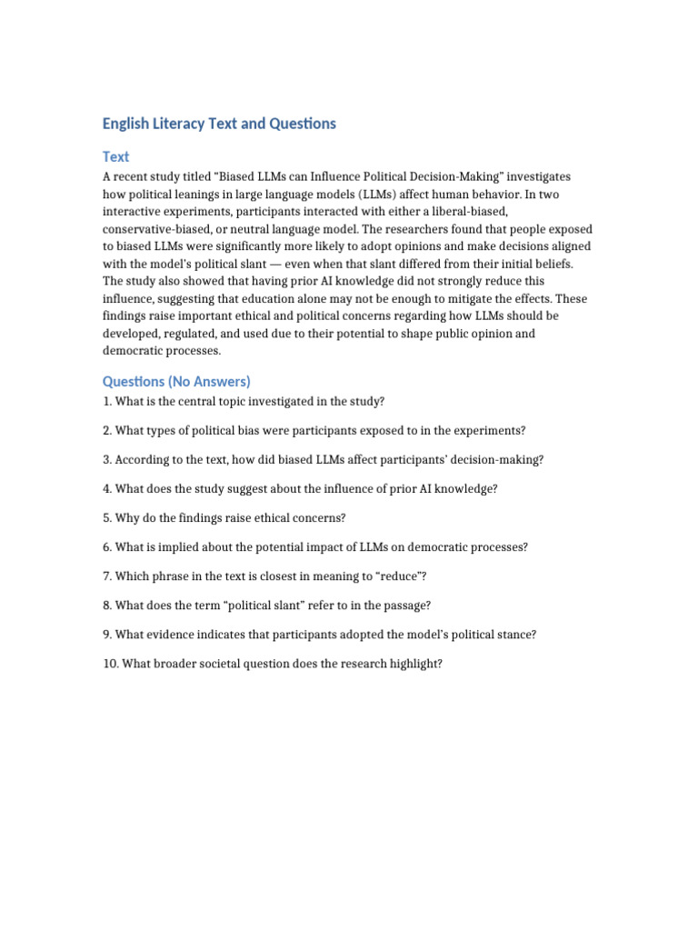 Literacy Questions LLM Politics | PDF