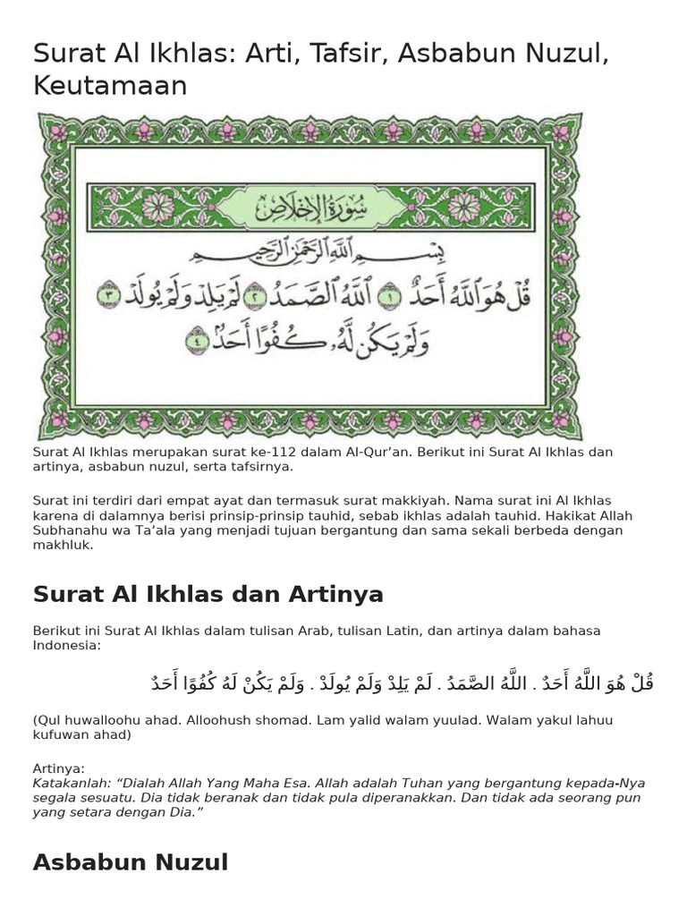 Keutamaan dan Tafsir Surat Al Ikhlas | PDF