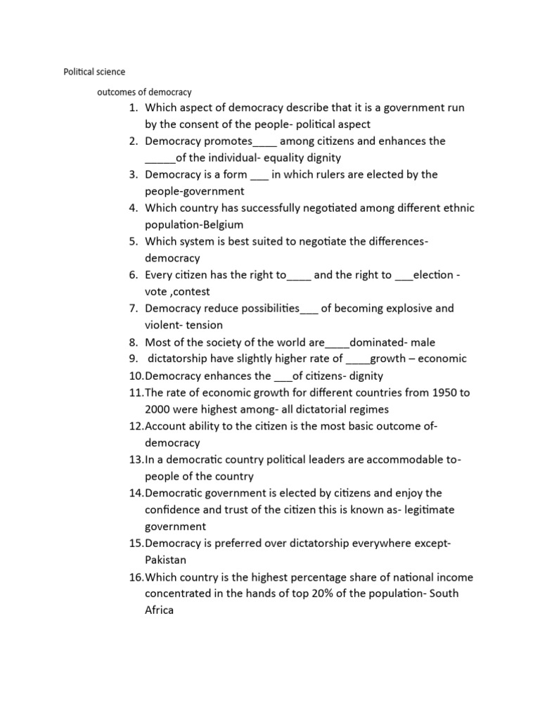 Key Outcomes and Aspects of Democracy | PDF