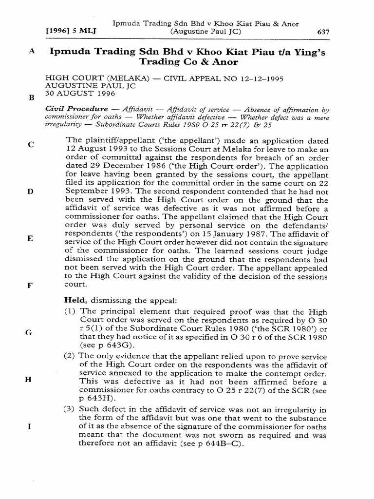 Ipmuda Trading SDN BHD V Khoo Kiat Piau Ta Ying's Trading Co & Anor | PDF