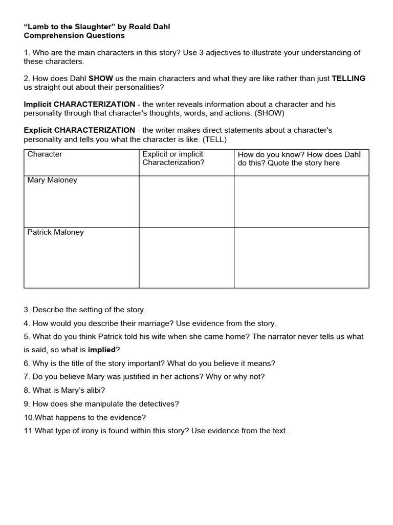 Lamb to the Slaughter - Comprehension Activities | PDF