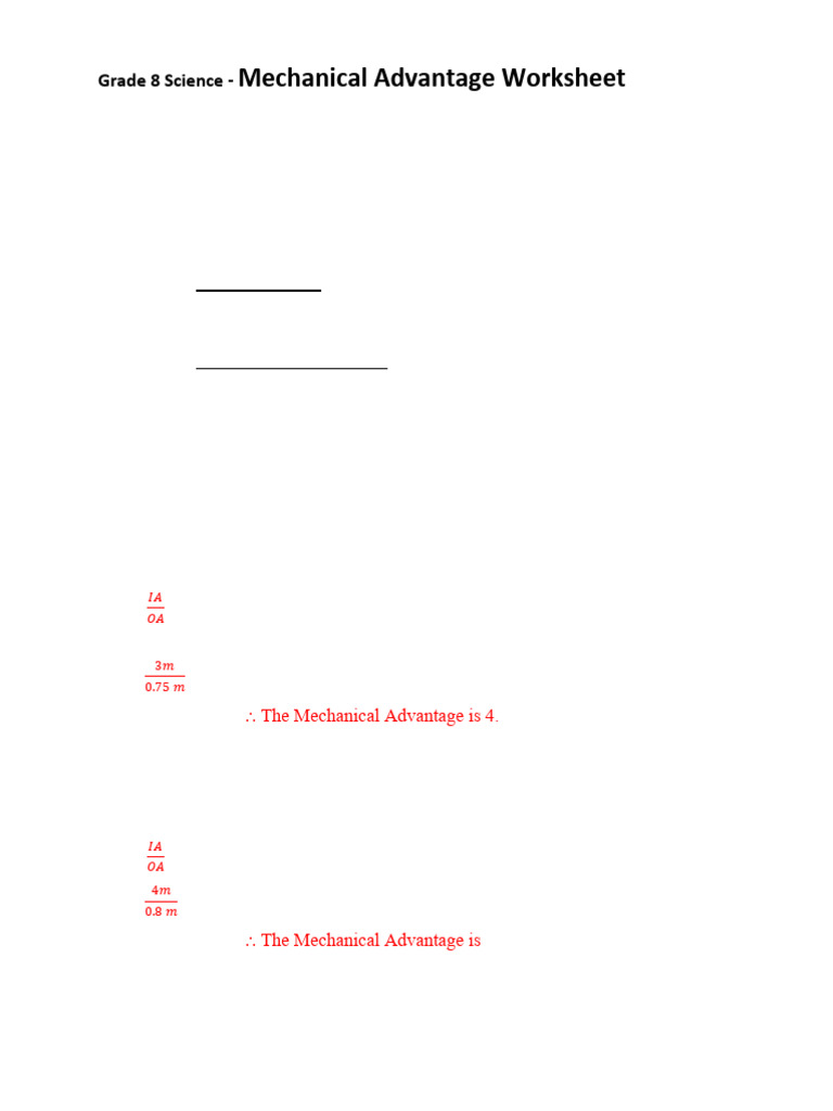 Mechanical Advantage Levers 1 Answers | PDF | Lever | Kinematics