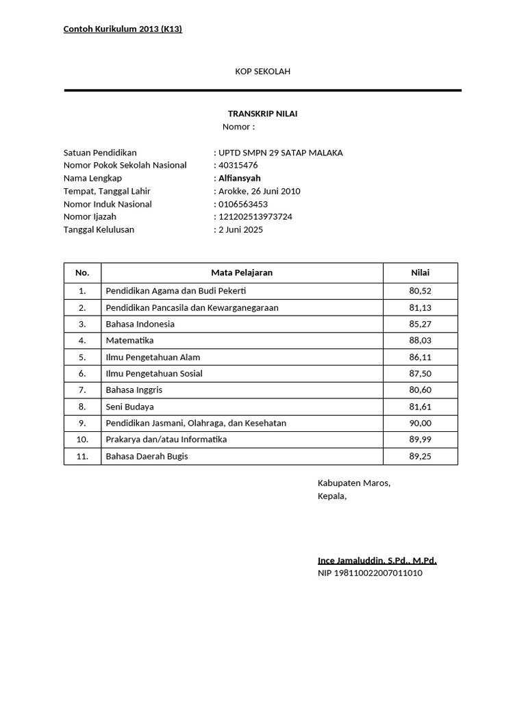 Contoh Transkrip Nilai 2025 | PDF