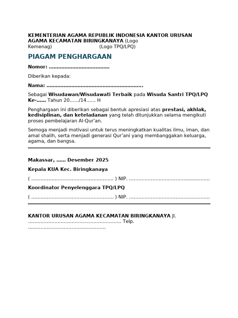 Piagam Penghargaan Wisudawan TPQ/LPQ | PDF