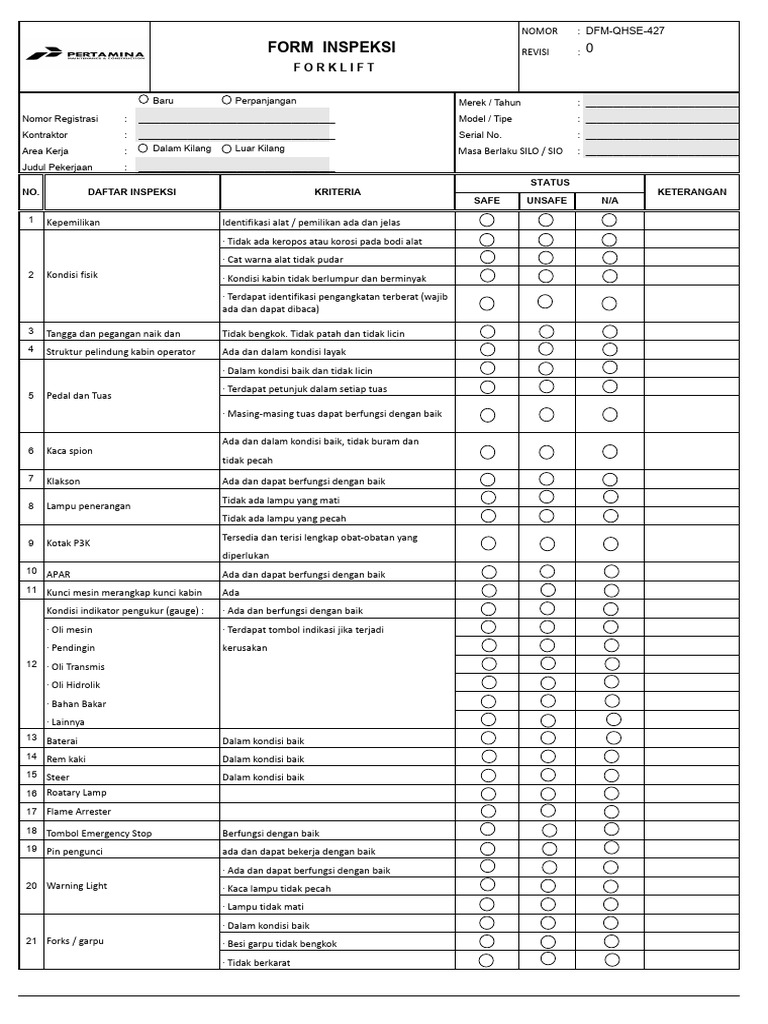 Formulir Inspeksi Forklift DFM-QHSE-427 | PDF