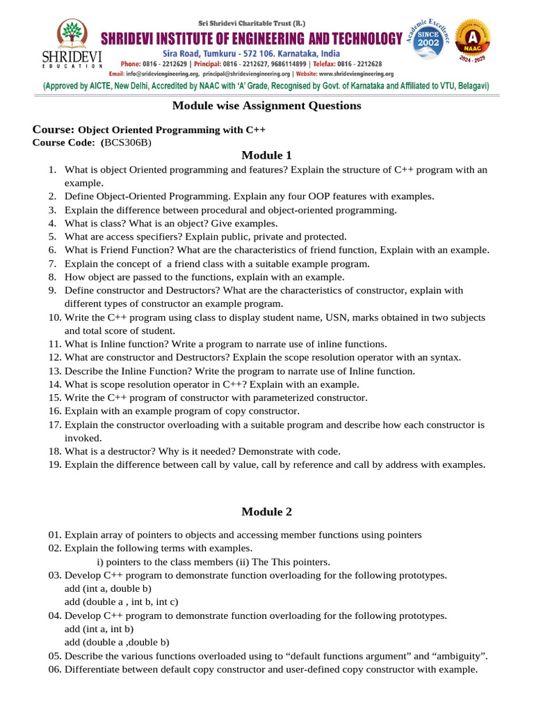 OOPs With C++ Module Wise Assignment Qus | PDF | Constructor (Object ...