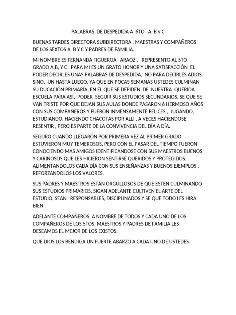 Palabras de Despedida a 6to a.docx 16-11-24 | PDF