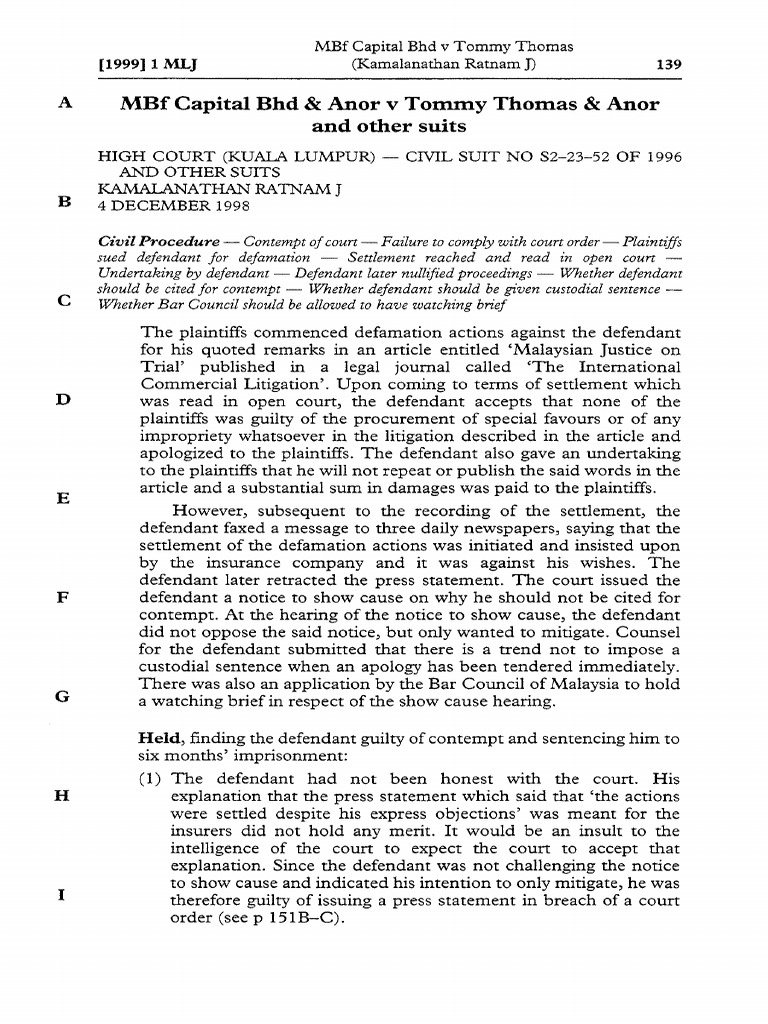 MBF CAPITAL BHD & ANOR V TOMMY THOMAS & ANOR AND OTHER SUITS | PDF