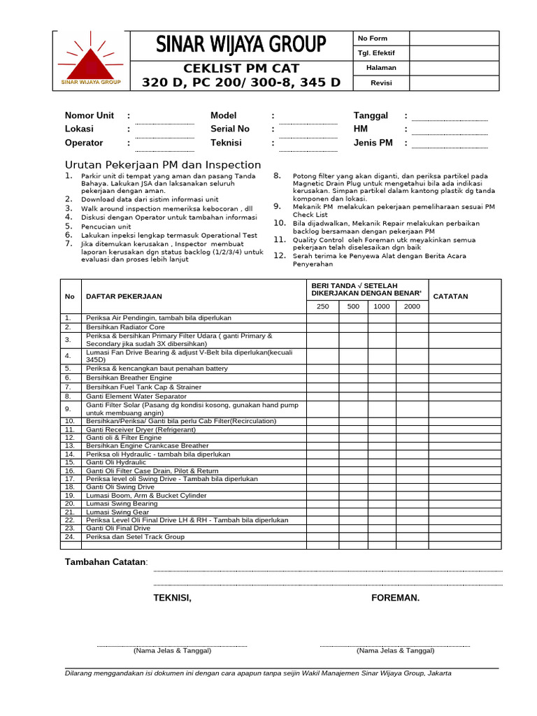 Ceklist PM Cat 320 D - PC 200 - 300 8 - 345 D - C A4 | PDF