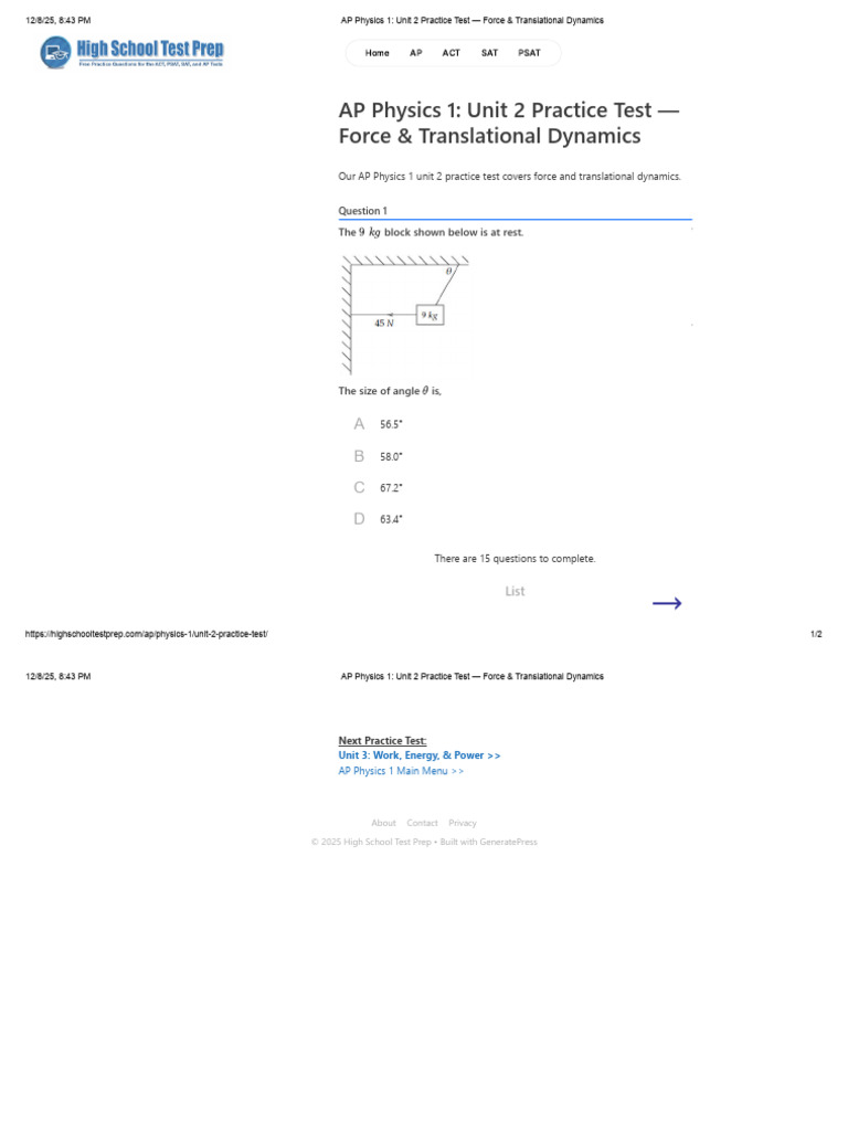 AP Physics 1 - Unit 2 Practice Test - Force & Translational Dynamics ...