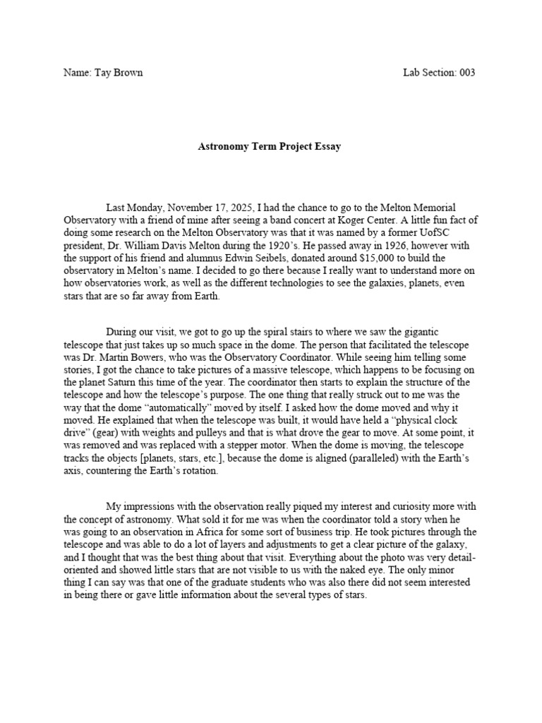 Brown - Term Project Essay | PDF | Astronomy | Observatory