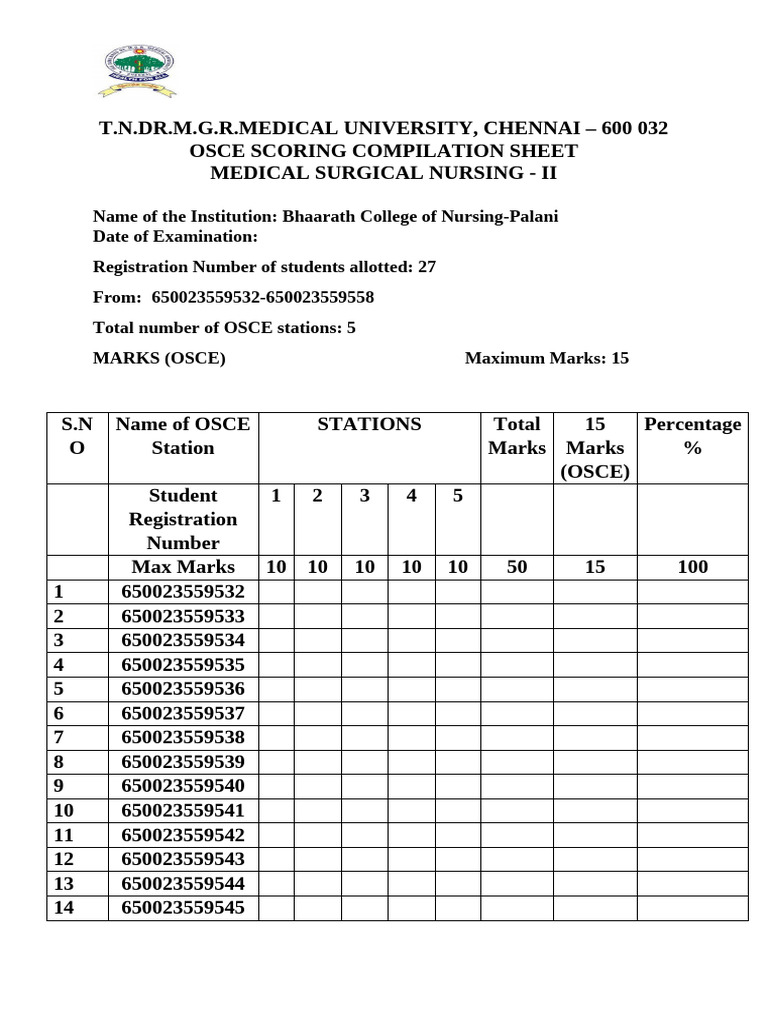 OSCE Scoring Sheet for Nursing Exam | PDF