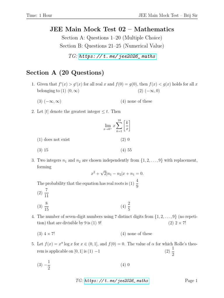 JEE Main Mock Test 02: Mathematics | PDF | Numbers | Arithmetic