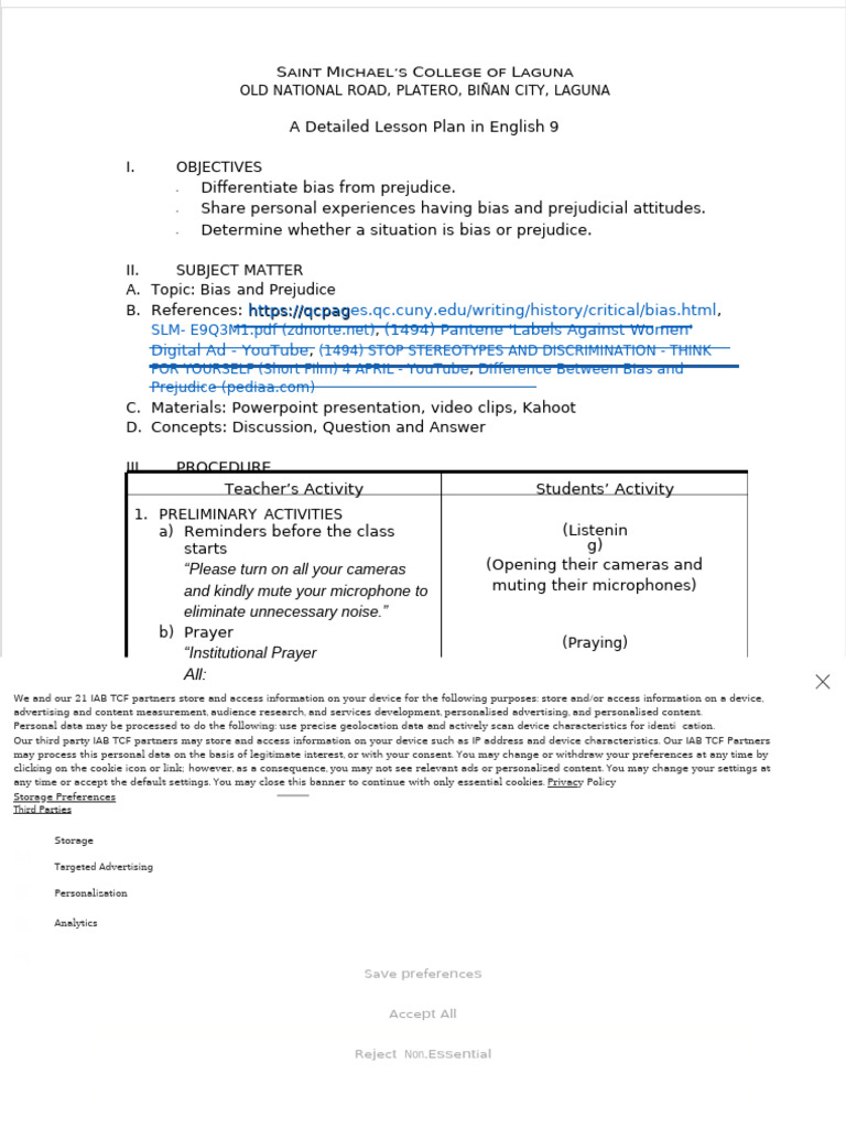 Lesson Plan on Bias and Prejudice | PDF | Http Cookie | Bias