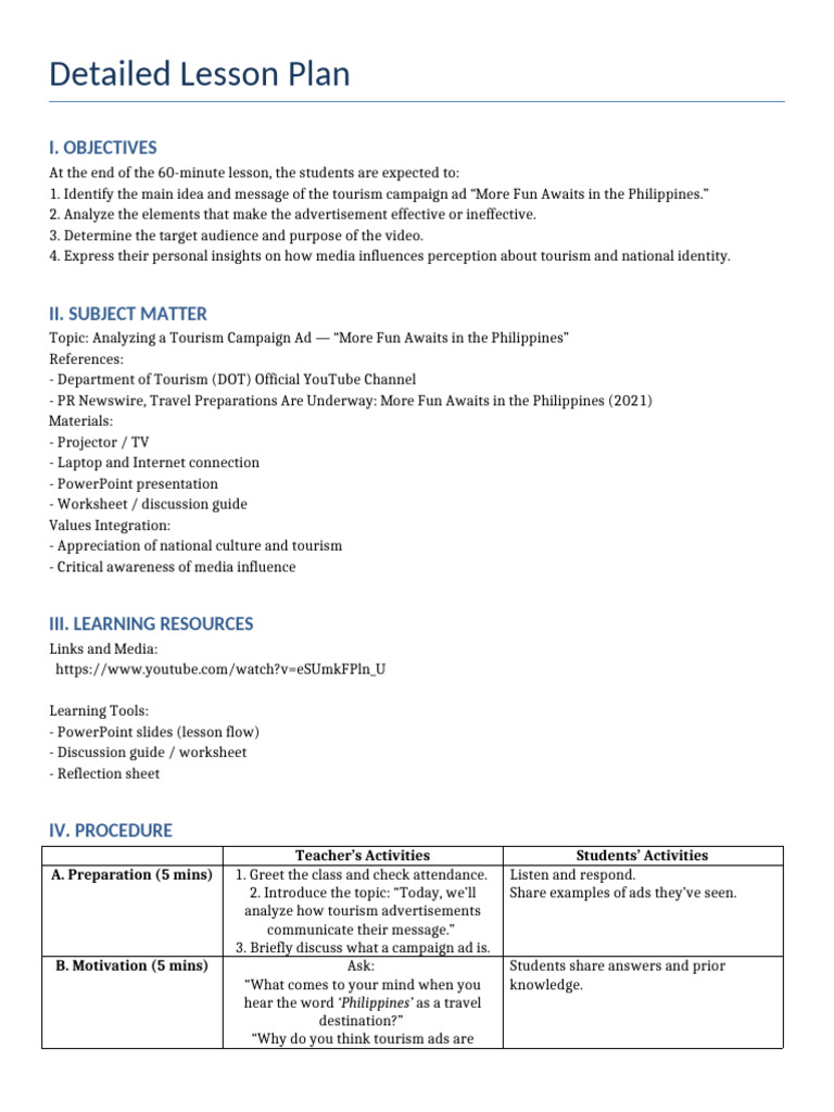 Analyzing Philippine Tourism Ads | PDF | Lesson Plan | Advertising