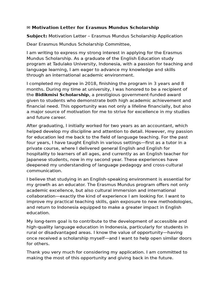 Erasmus Mundus Scholarship Motivation Letter | PDF | Teachers ...