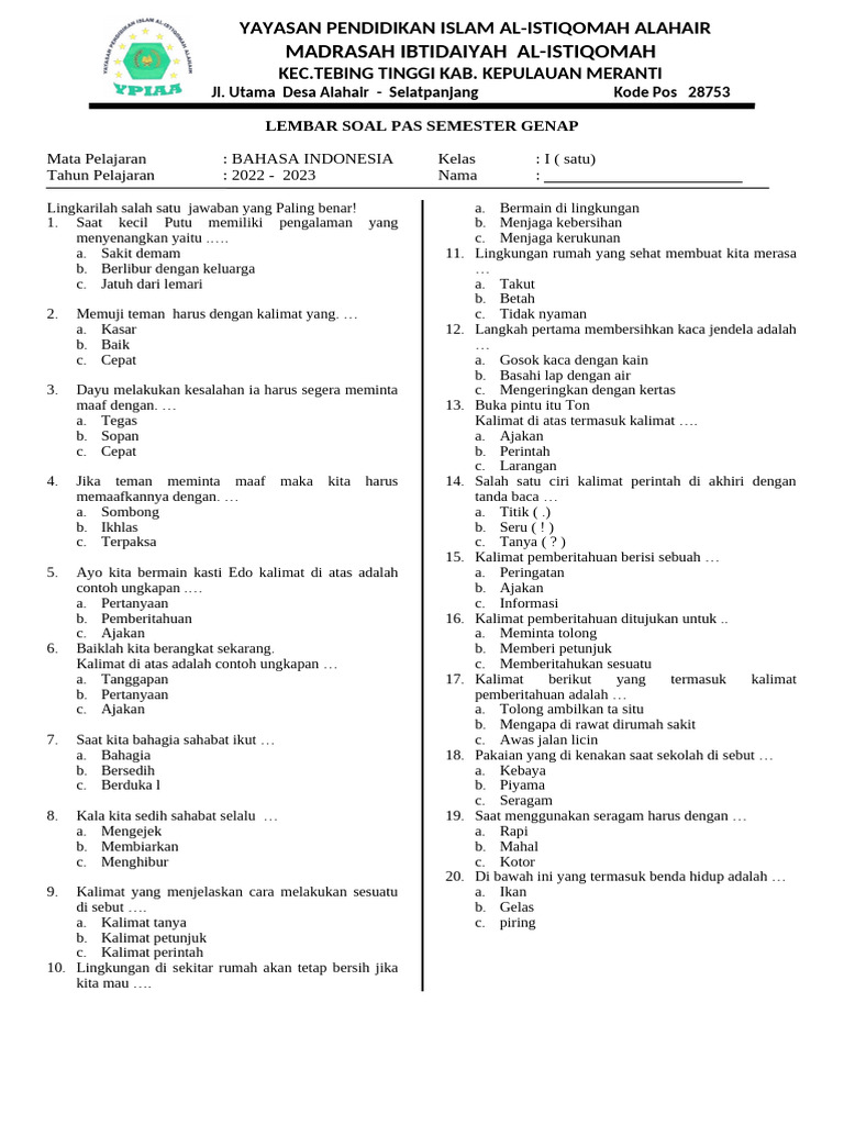 Soal Pas Kelas 1 Semester 2 Tahun 2022-2023111 | PDF