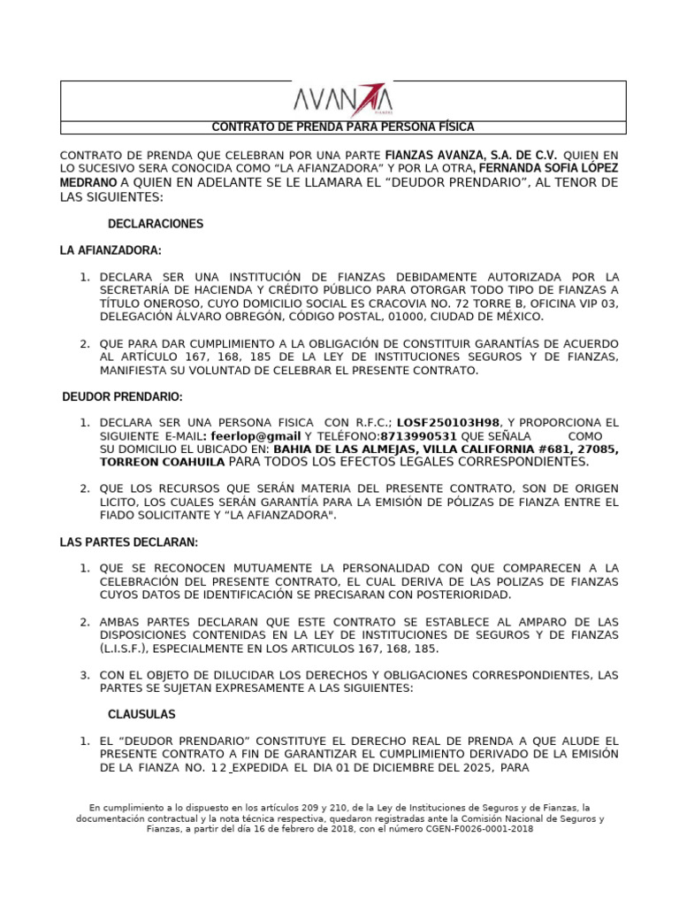2 Contrato Prenda PF FJAC3 2017 | PDF | Póliza de seguros | Seguro