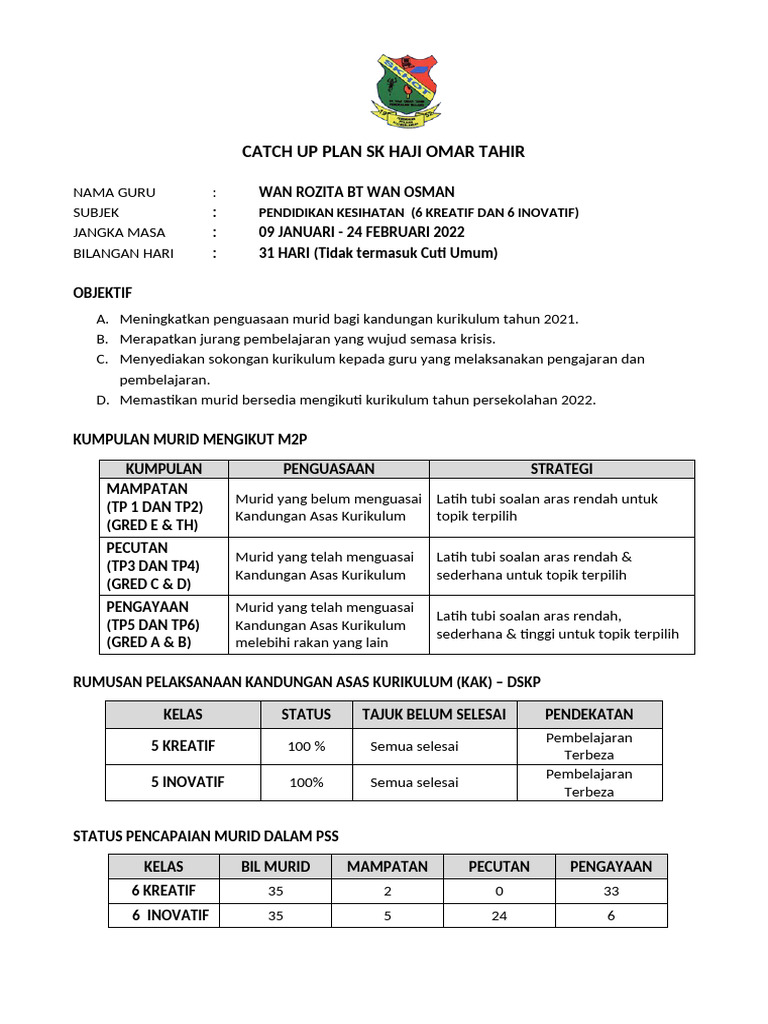 Catch Up Plan PK Tahun 6 | PDF