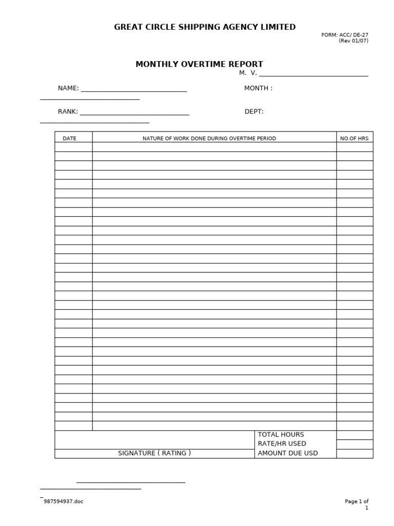 Monthly Overtime Report Form ACC/DE-27 | PDF