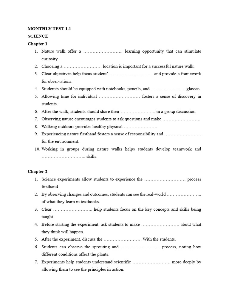 Monthly Science Test: Nature & Experiments | PDF | Reproduction ...