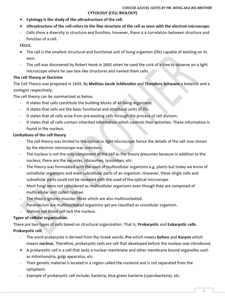 A-Level Cytology Study Notes | PDF | Cell Membrane | Cell (Biology)