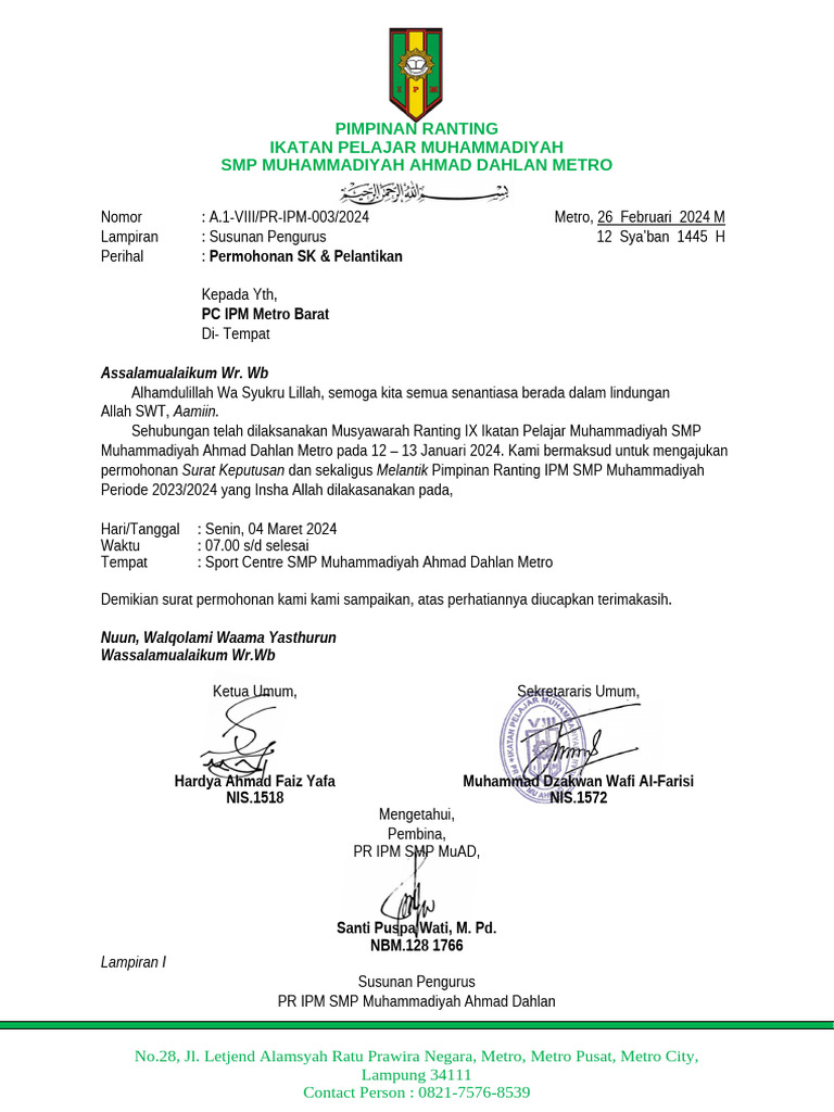 Permohonan SK Pimpinan Ranting IPM 2024 | PDF