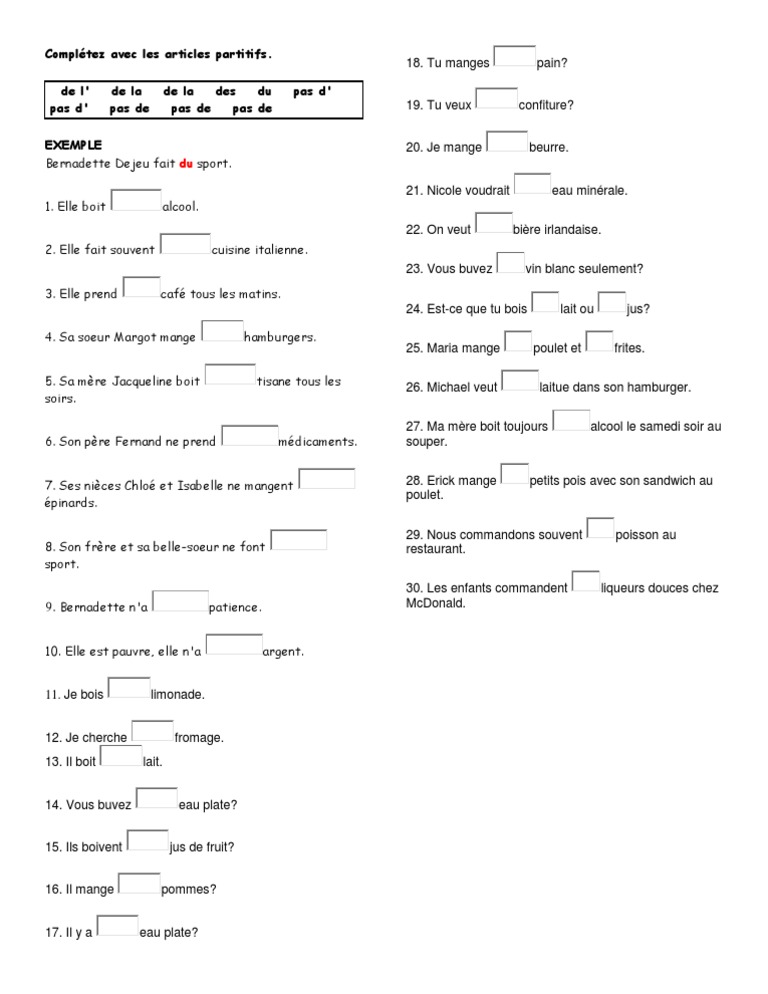Exercices sur les articles partitifs | PDF | Livres de cuisine ...