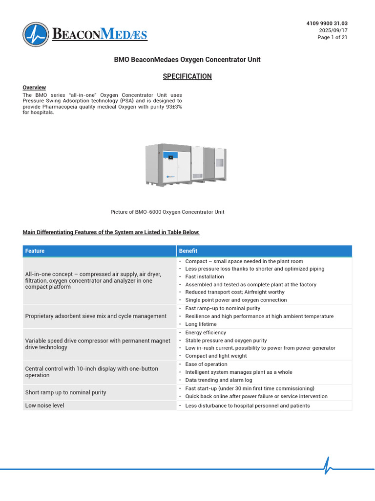 BMO Oxygen Concentrator Unit Specs | PDF | Gases | Energy Technology