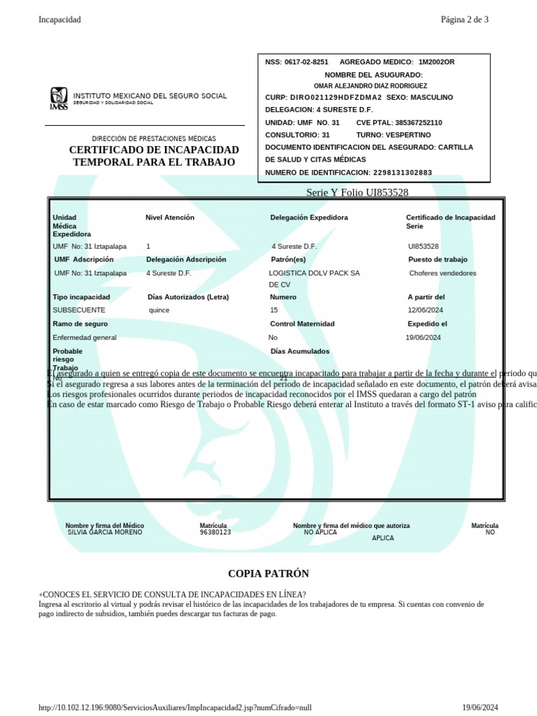 Certificado de Incapacidad Temporal IMSS | PDF