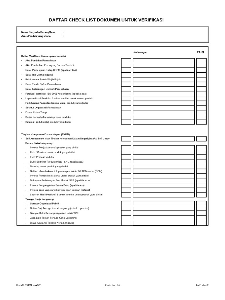 Checklist Verifikasi Dokumen TKDN | PDF