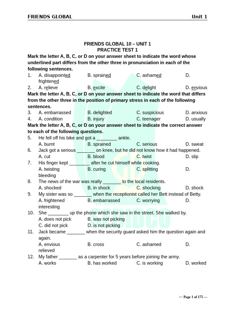 Friends Global Unit 1 Practice Test | PDF | Pain