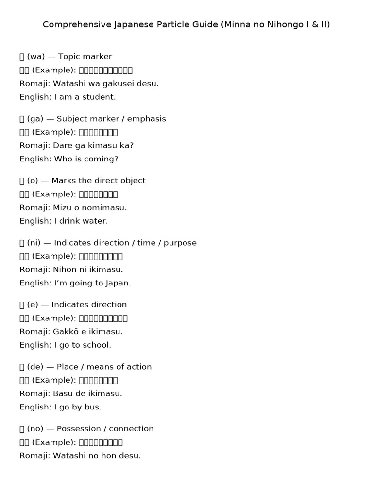 Japanese Particle Guide Minna No Nihongo | PDF